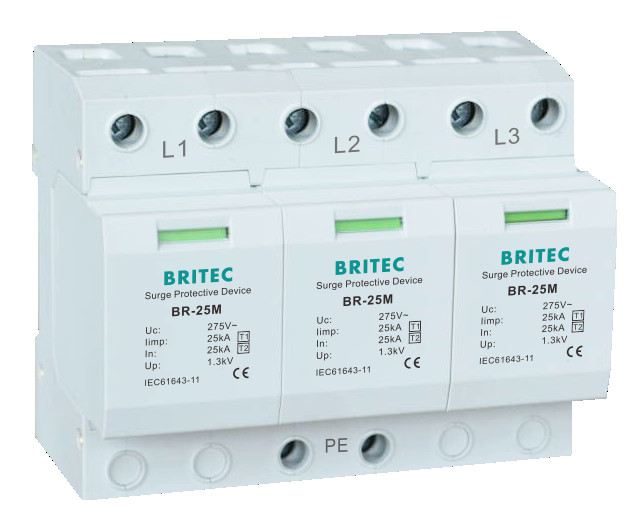 BRITEC BR-25M T1+T2 B+C 3P DIN Rail 35mm Spd T1 varistor surge arrester ...